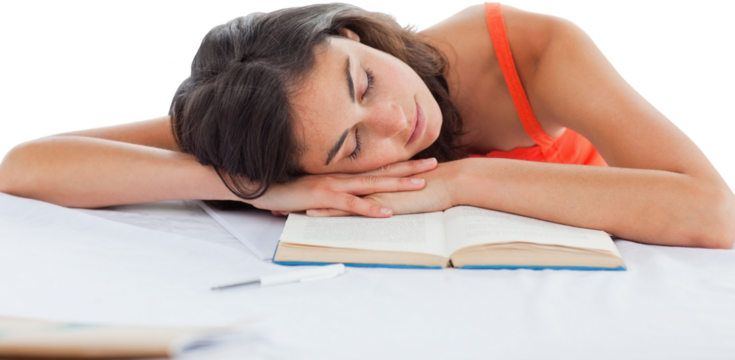 Exhausted Student Sleeping with Books Surrounded by Transparent Backgrounds