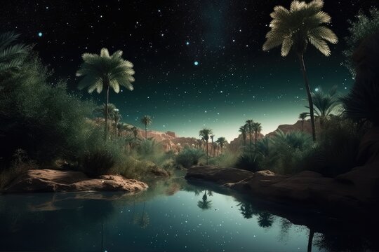 Real Desert Oasis At Night