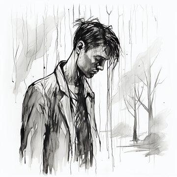 Man Crying In Rain Drawing