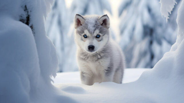 Cute Husky Puppies In Snow Wallpaper