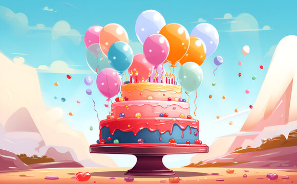 Cartoon Birthday Cake And Balloons