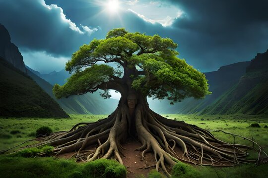 Tree With Roots And Branches And Fruits