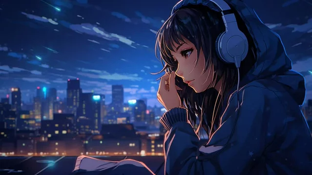 Lofi anime girl headphones sitting alone in the room with city night lights in the background Feeling lonely and sad. Loop Animation Video For Lofi Music and Live Wallpaper. Generated with AI