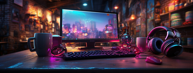 Wide gaming console table image with colorful neon busy room background ...