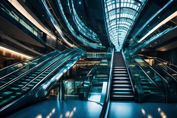 Modern Escalators in Dark Interior with Illuminated Stairs from Pikwizard