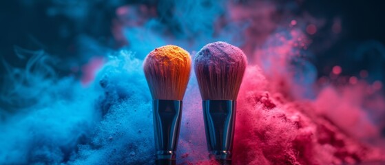 Makeup cosmetic brushes with powder blush explosion on black background ...