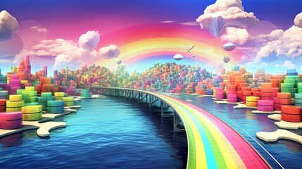 A Painting of a Rainbow Bridge Over a River