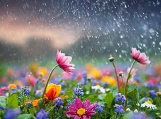 Wild flowers, vibrant colors, receiving raindrops. April rain on the ...