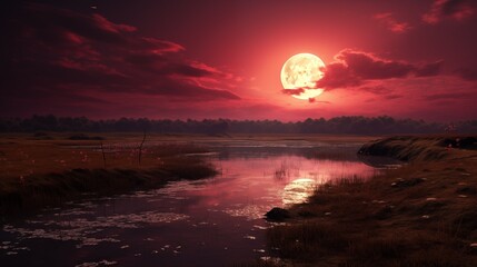 The full moon looms large over a mystical, red-tinted landscape with a ...