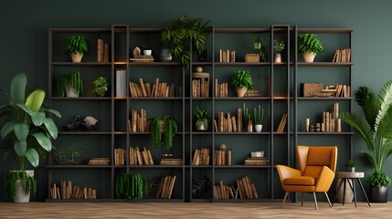 A contemporary-style bookshelf adorned with plants that serves as a ...