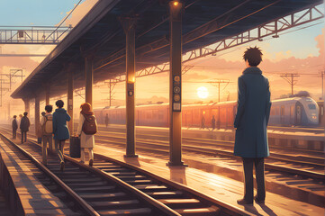 a man waiting for train at train station, railway platform, evening ...