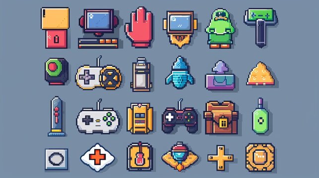 Set of minimalistic pixel art vector objects isolated. Pixel game buttons. 8 bit UI gaming bar🌝 ...