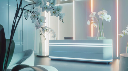 Front view of a white reception desk with two laptops standing on it in ...