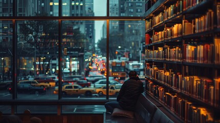 Person reading in a city library with large windows overlooking busy ...