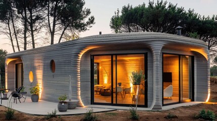 Modern modular eco-friendly house with curved walls and large windows