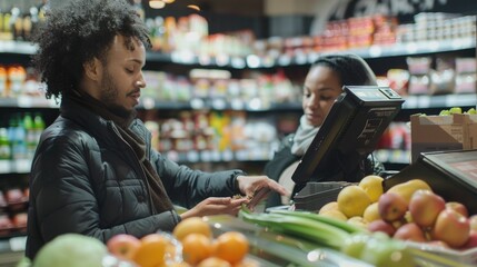 A man standing at a cash register in a grocery store. Suitable for ...