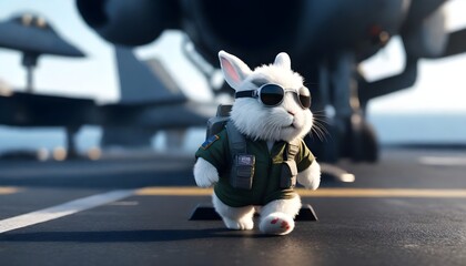 a cute fluffy rabbit pilot walking on a military aircraft carrier ...