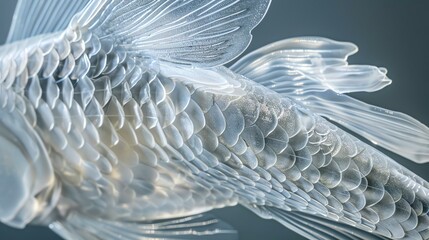 3D rendering of a fish's scales. The scales are white and translucent, and the light shines ...
