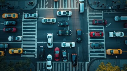 Aerial top view of asphalt road intersection with cars
