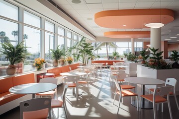 Modern Office Cafeteria with Panoramic Windows and Minimalist Decor ...