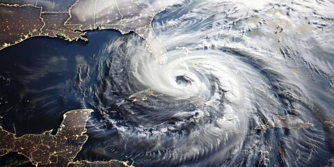Satellite view of a hurricane over the eastern U.S. coast, showing city ...