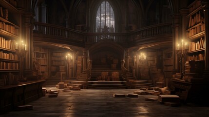 Gothic library with candle-lit chandeliers illustration. Towering ...