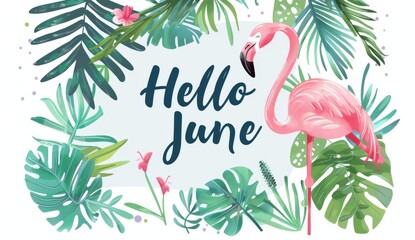 Hello June Text with Flamingo and Tropical Leaves Background from Pikwizard