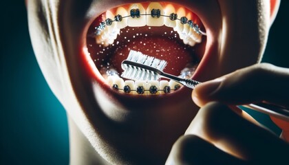 A close-up image of a person using an interdental brush between braces ...