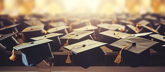 A close up image of graduation hats held up by successful graduates ...