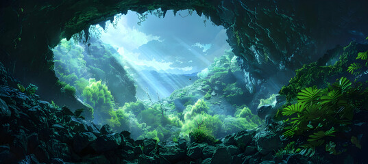 Lush Green Forest View from Inside a Cave from Pikwizard