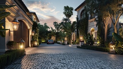 A luxury villa entrance with a cobblestone driveway and vintage gas ...