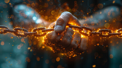 Abstract human hand breaking chains light coming through hand, HD image