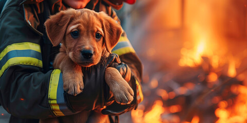 firefighter holding rescued cute red puppy dog in hands against the ...