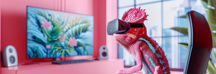 Chameleon with VR glasses in the office, minimal concept