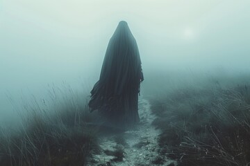 The same shrouded figure is seen standing on a mist-laden path, further ...