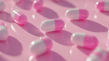 A simple modern concept of pink white medicine pills drug capsule ...