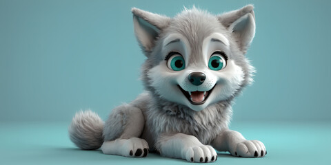 a highly detailed, animated, and cute grey wolf pup with big ...