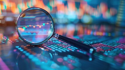 Magnifying glass on the stock market background