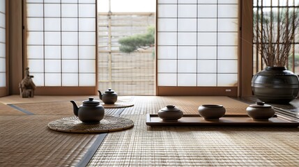 Craft a Japanese-inspired tea room with tatami mats, shoji screens, and ...