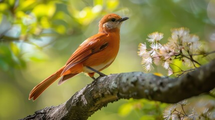 A stunning image capturing a bright red bird with a fluffy head ...