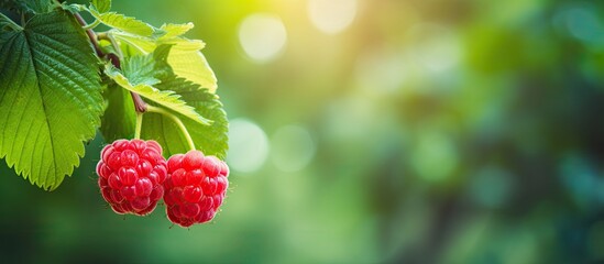 A vibrant pink raspberry is displayed on a branch surrounded by the ...