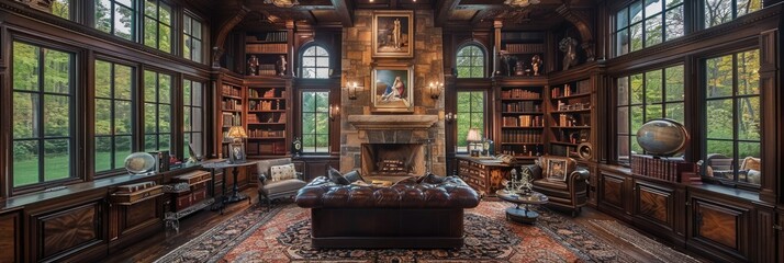 Luxurious Tudor-style library with rare manuscripts