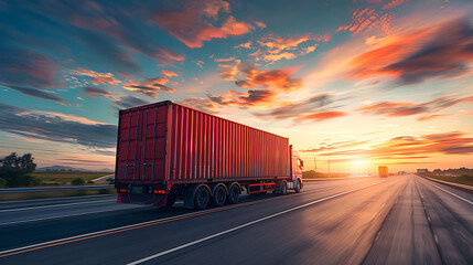 image motion blur.Truck on highway road with red container ...