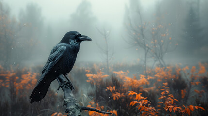 A somber raven caws from a bare branch in a misty forest isolated on ...