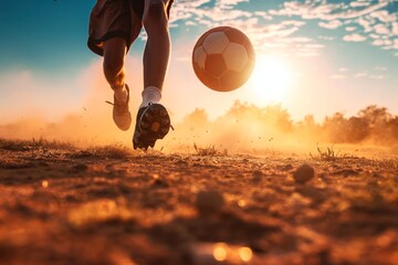 Soccer player kicking ball on dusty field at sunset with dramatic sky