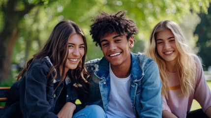Group of three college friends smiling and laughing together as they ...
