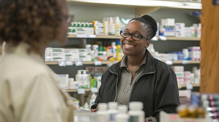friendly pharmacy clerk assisting customer healthcare retail service ...