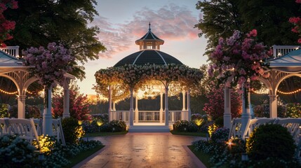 Romantic garden gazebo illuminated at dusk, surrounded by lush flowers ...