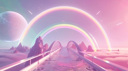 A bridge with a rainbow over it and a planet in the background