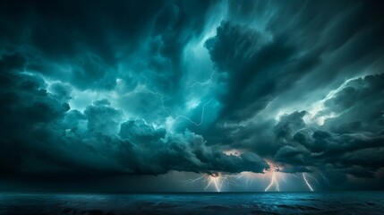 A dramatic thunderstorm brewing on the horizon, with dark clouds ...
